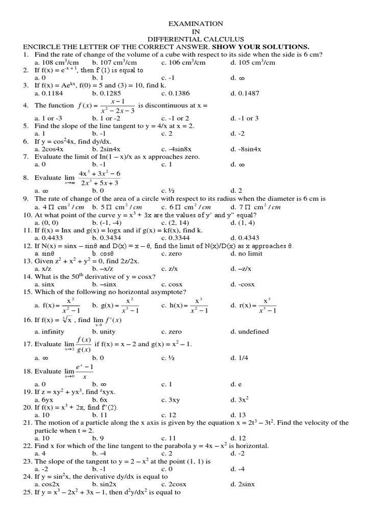 Differential Calculus Exam | PDF | Area | Tangent