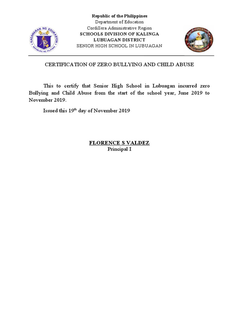Certification of Zero Bullying | PDF