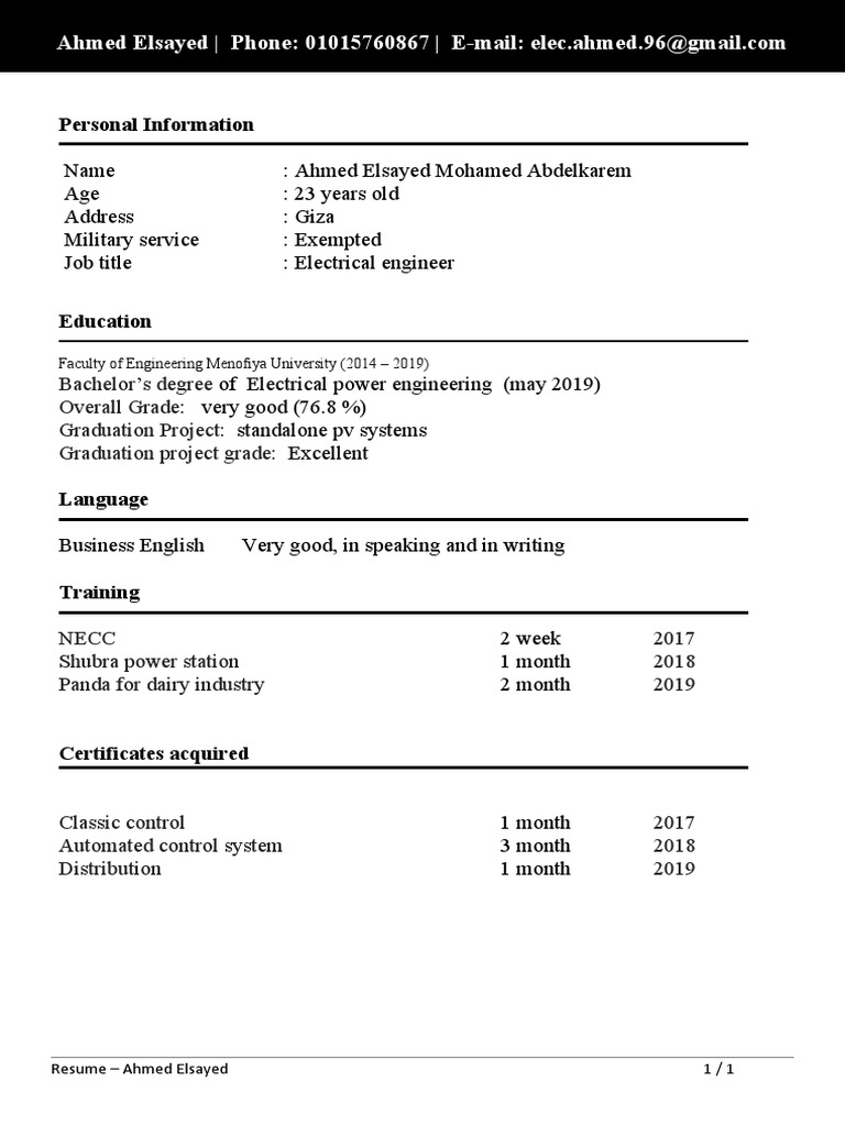 Electrical Engineer Ahmed Elsayed CV 2 | PDF