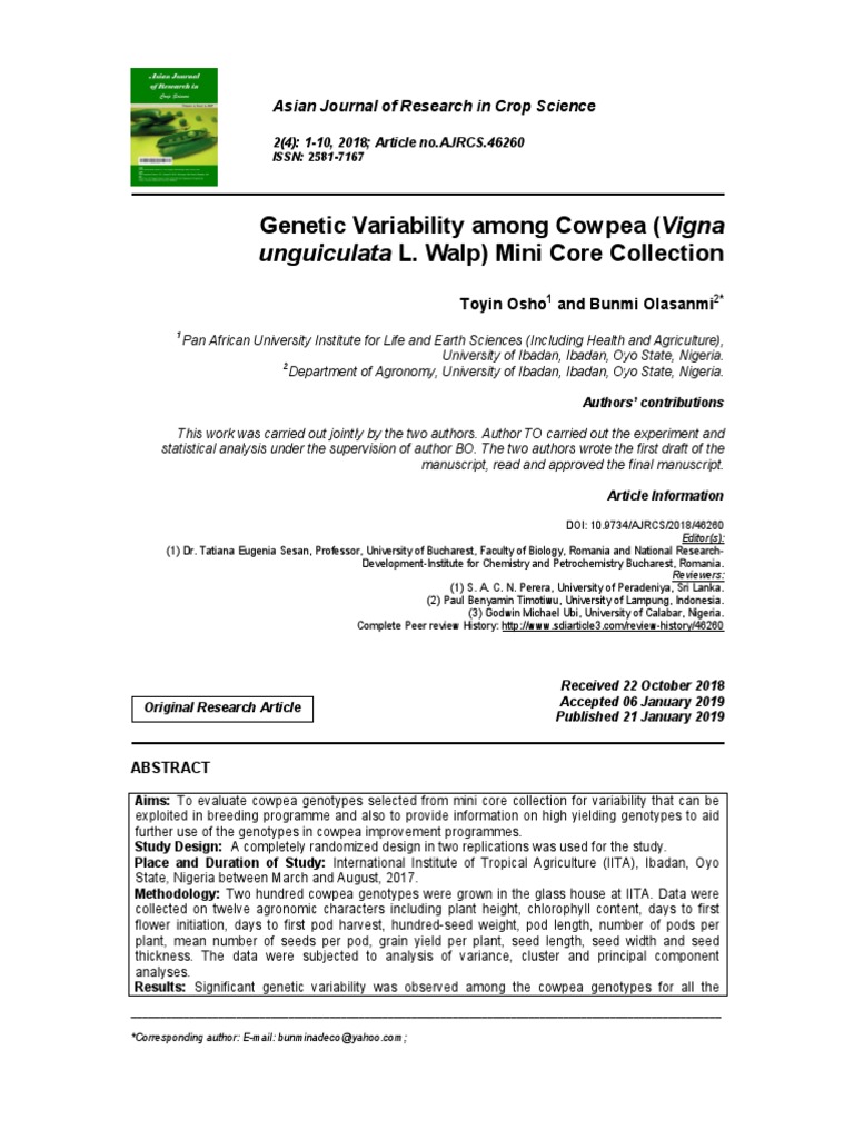 Genetic Variability Among Cowpea (Vigna: Unguiculata L. Walp) Mini Core Collection | PDF | Plant ...