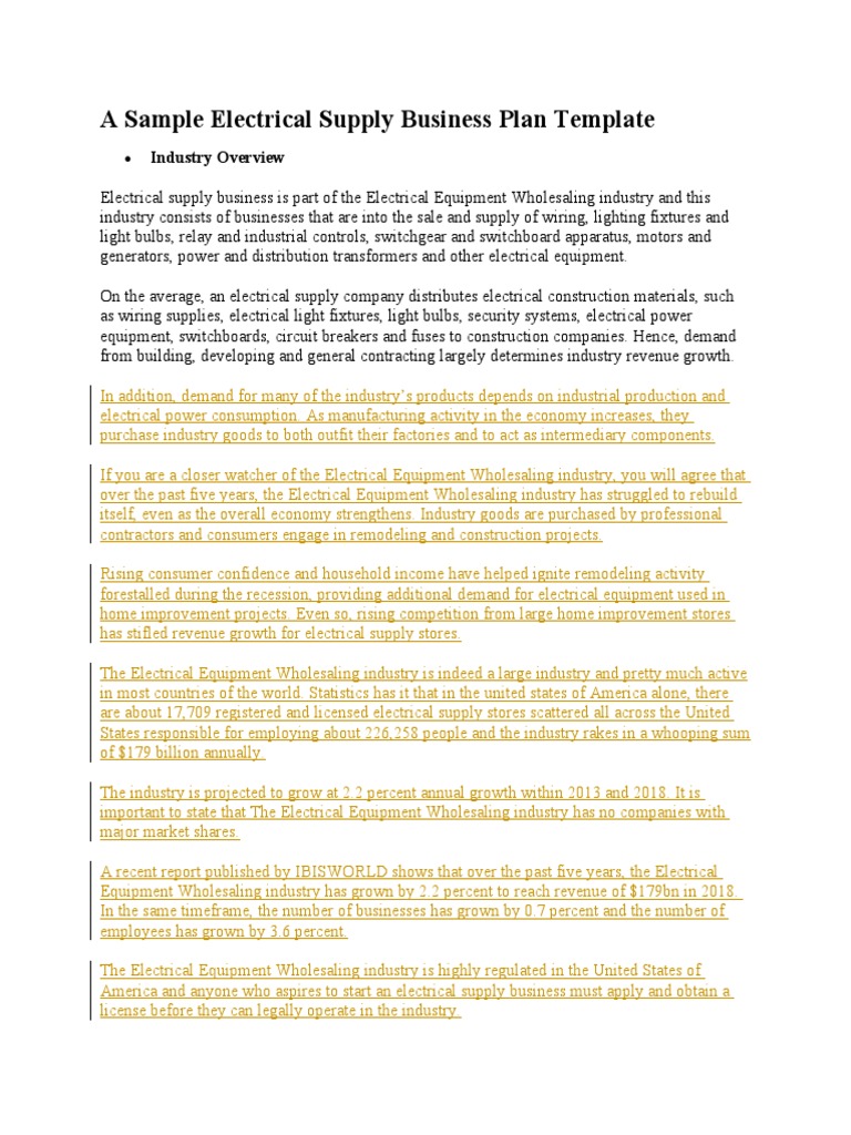 A Sample Electrical Supply Business Plan Template: Industry Overview ...