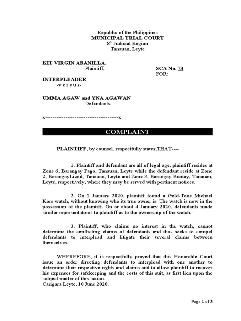 Interpleader - Oraller | PDF | Affidavit | Lawsuit