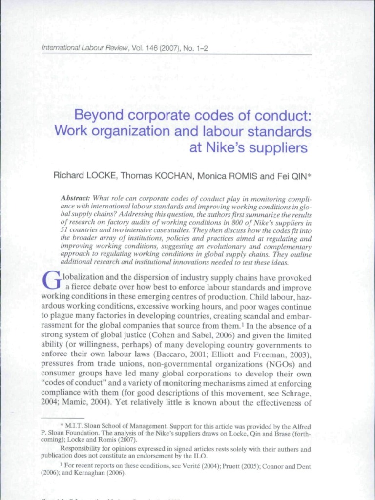 Beyond Corporate Codes of Conduct: Work Organization and Labour ...