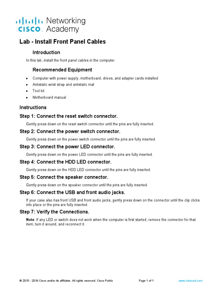 2.1.7.8 Lab - Install The Front Panel Cables | PDF