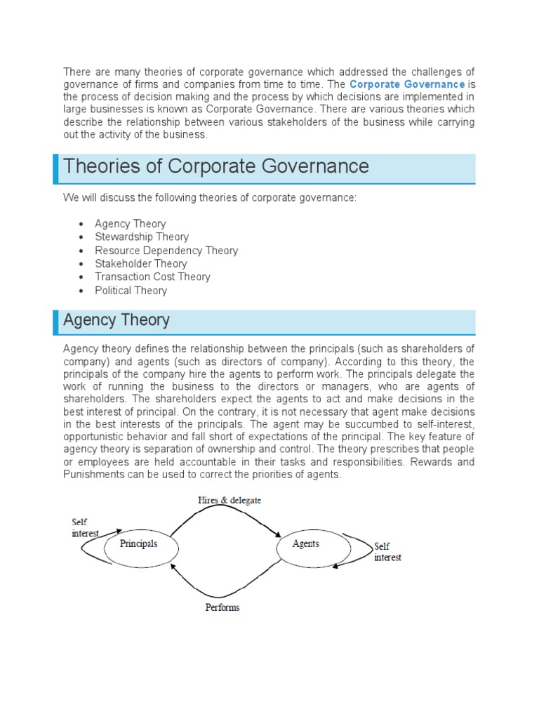 Theories of Corporate Governance: Agency Theory | PDF | Corporate ...