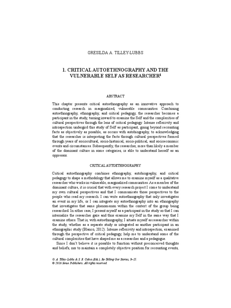 Critical Self As Resracher Autoethnography | PDF | Ethnography | Critical Theory