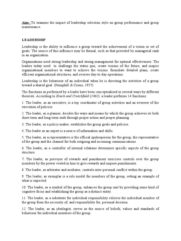 Aim: To Examine The Impact of Leadership Selection Style On Group ...