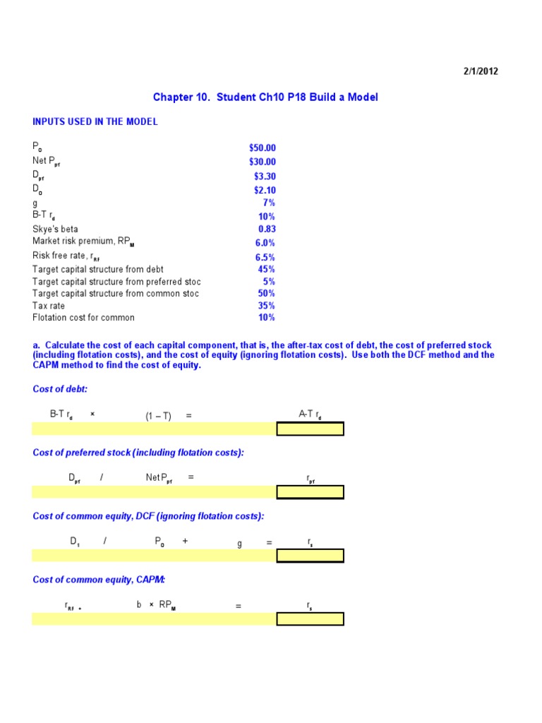 Chapter 10. Student Ch10 P18 Build A Model: Cost of Debt | PDF | Capital Asset Pricing Model ...