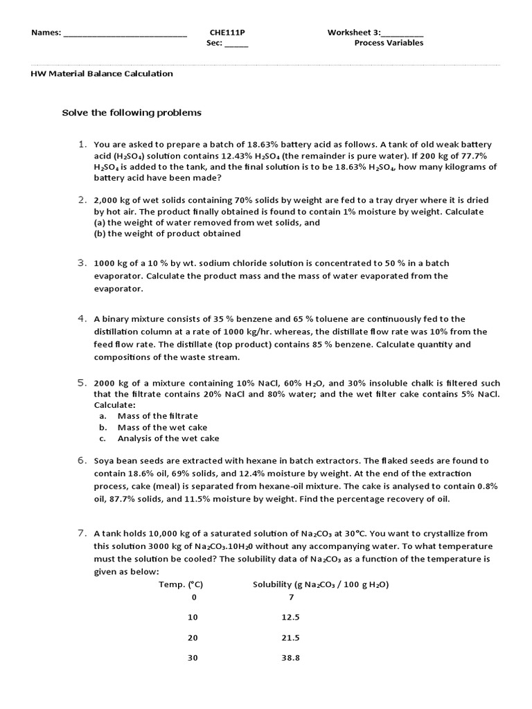 CHE111P Material Balance Calculations | PDF | Sodium Chloride | Solubility