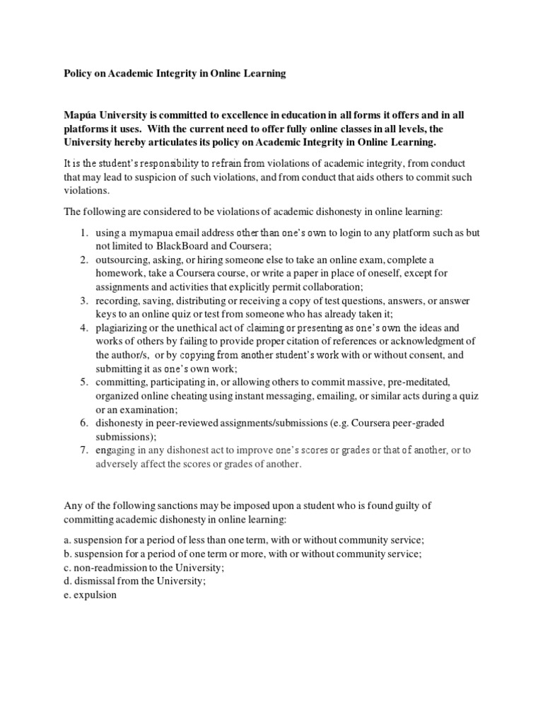 Policy On Academic Integrity in Online Learning | PDF