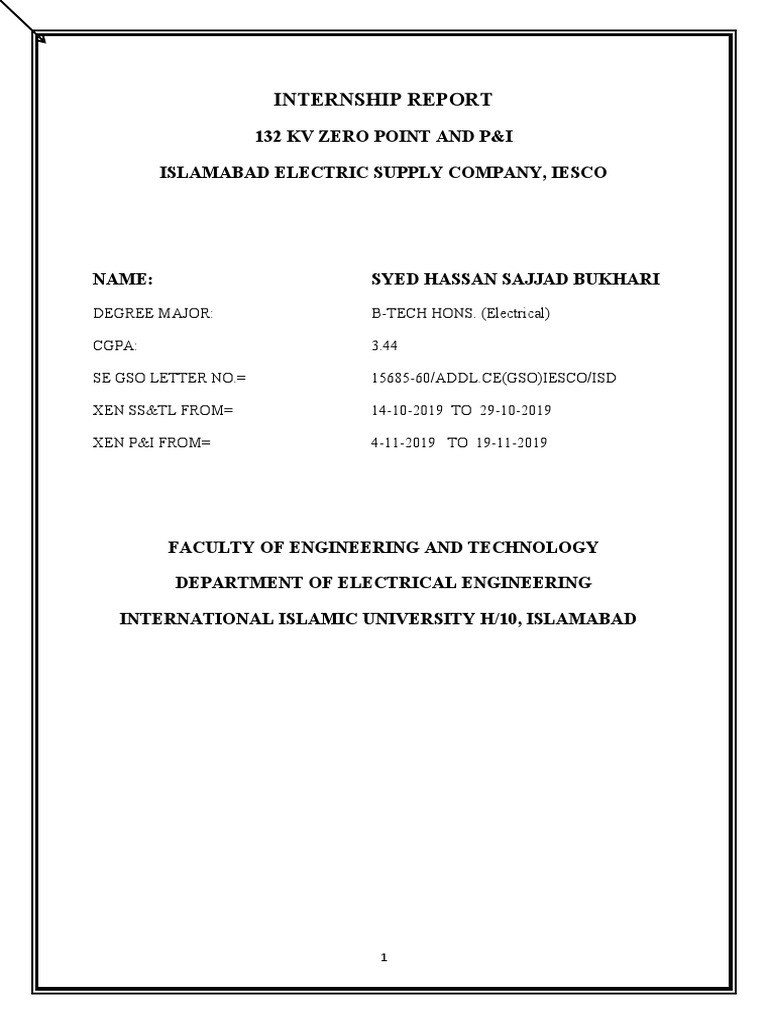 Internship Report: 132 KV Zero Point and P&I Islamabad Electric Supply ...