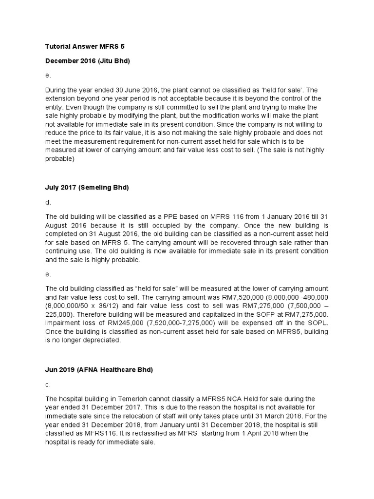Tutorial Answer MFRS 5 | PDF | Fair Value | Financial Services