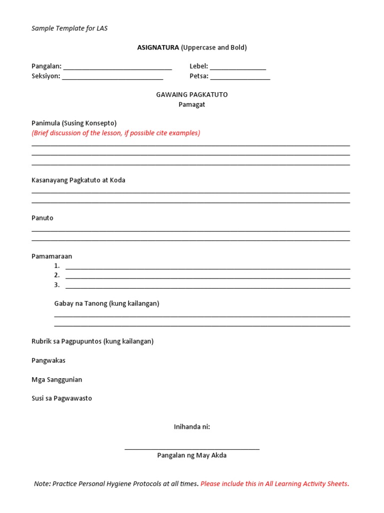 Sample Template For Learning Activity Sheet (LAS) TAGALOG | PDF