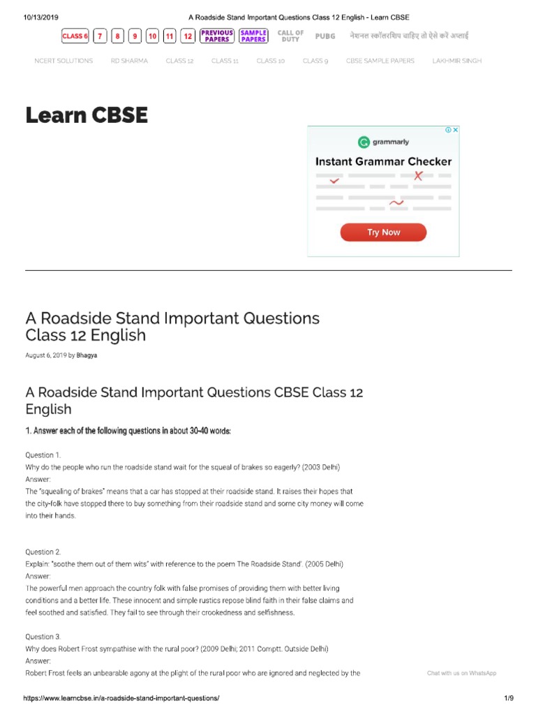 A Roadside Stand Important Questions Class 12 English - Learn CBSE | PDF