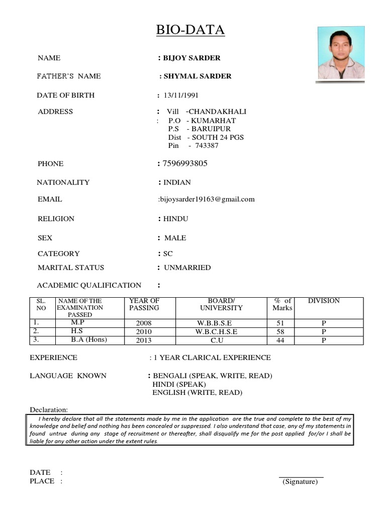 Bio-Data: Bijoy Sarder | PDF