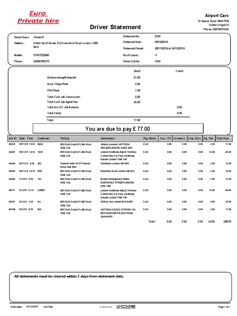 DriverInvoice 07 12 2019 10 27 05 | PDF | Service Industries | Payments