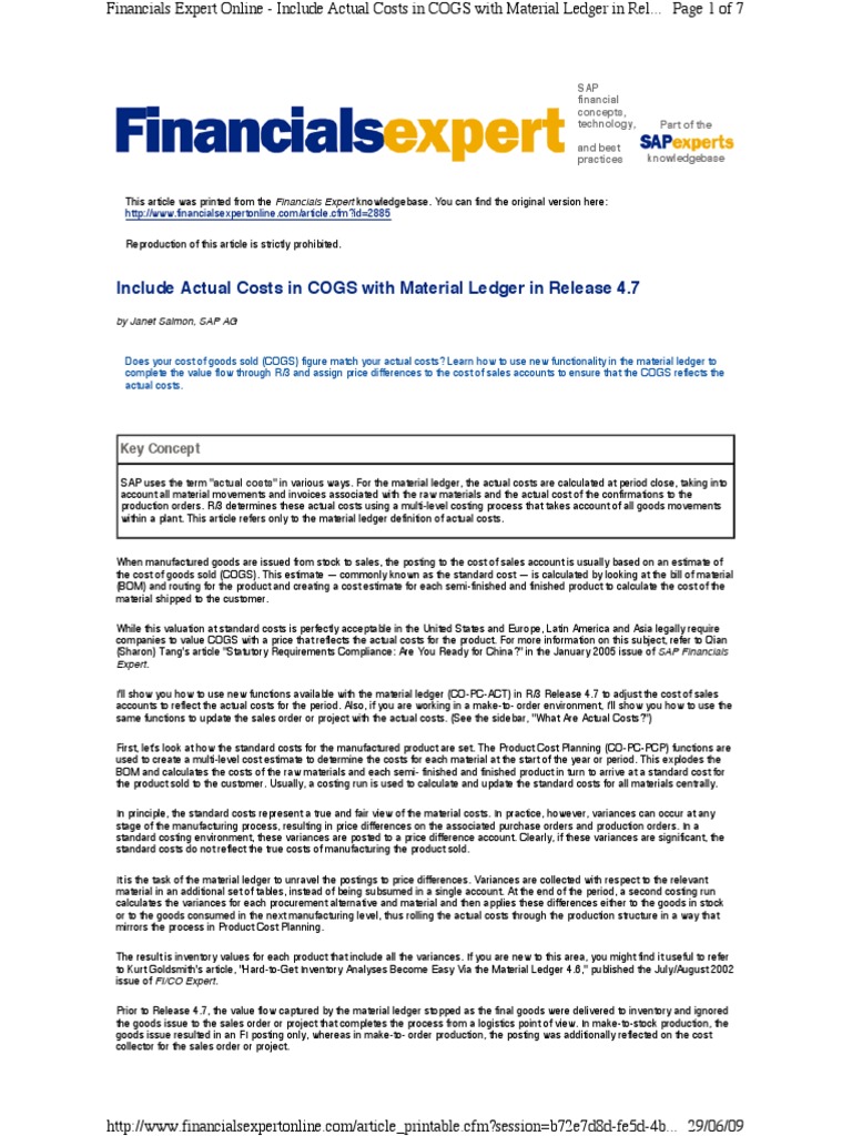 Include Actual Costs in COGS With Material Ledger in Release 4.7 | PDF ...