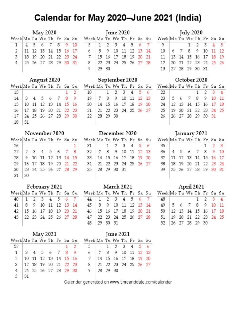May 2020-June 2021 Calendar - India | PDF | Teaching Methods & Materials