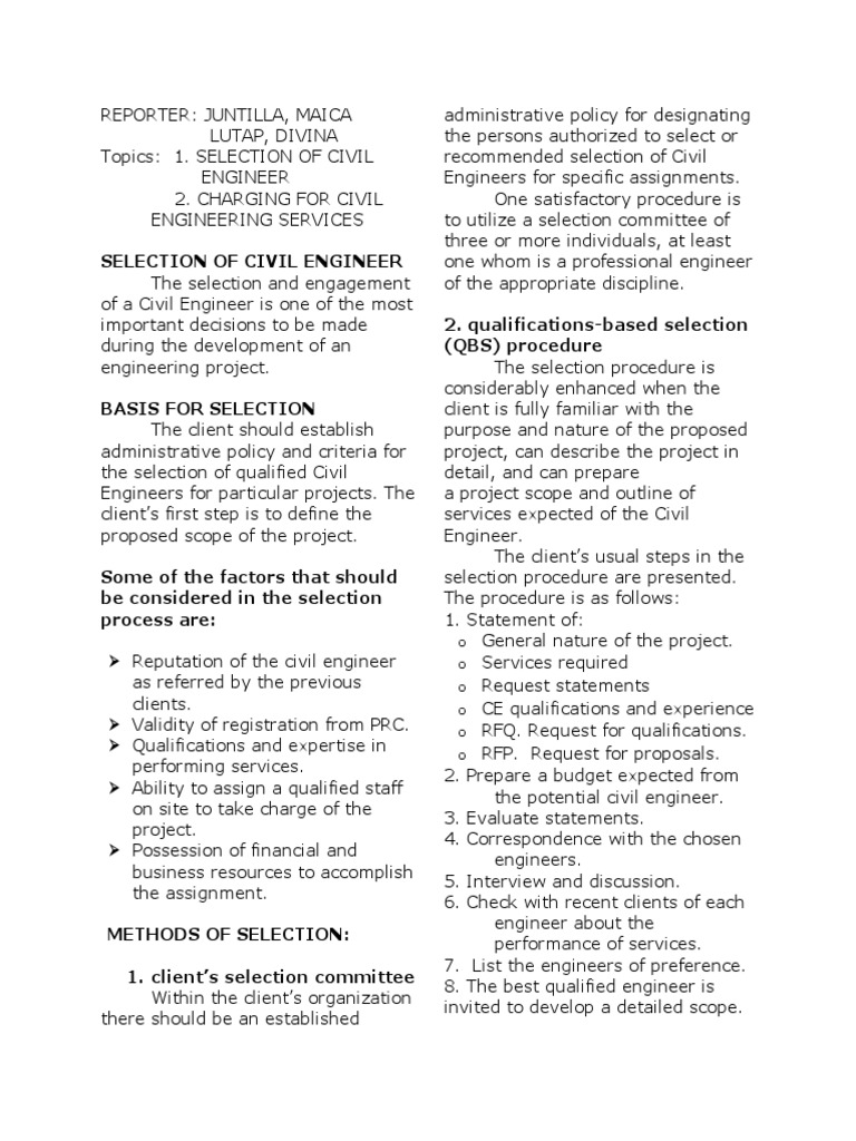 Selection of Civil Engineer | PDF | Per Diem | Cost