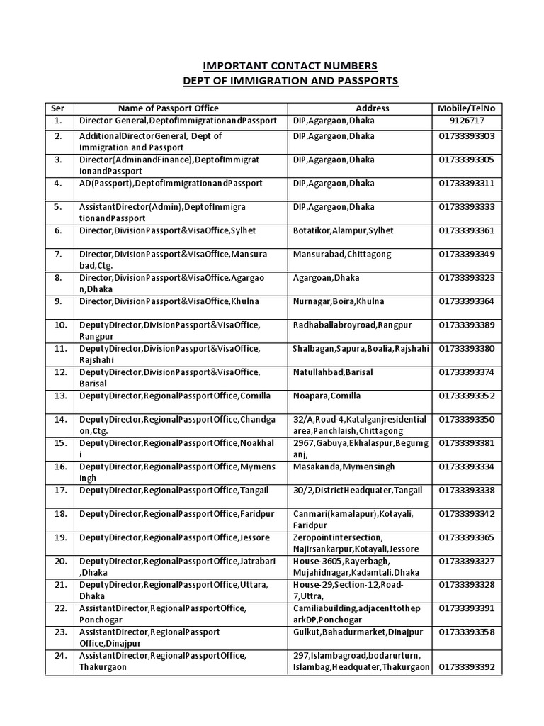 Dept of Immigration and Passports: Important Contact Numbers | PDF