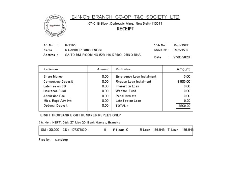 E-In-C'S Branch Co-Op T&C Society LTD: Receipt | PDF | Finance & Money ...