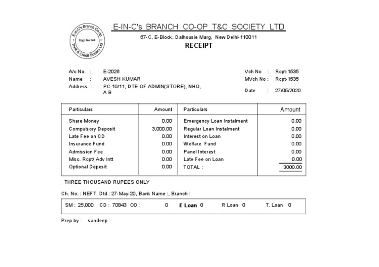 E-In-C'S Branch Co-Op T&C Society LTD: Receipt | PDF