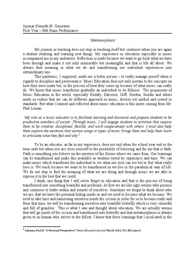 The Metamorphosis of a Music Educator | PDF | Behavior Modification ...