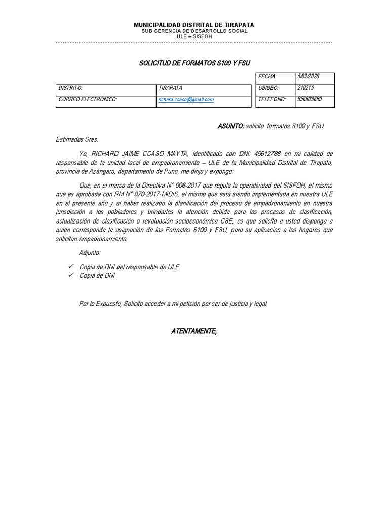 Solicitud de Formatos S100 y Fsu | PDF