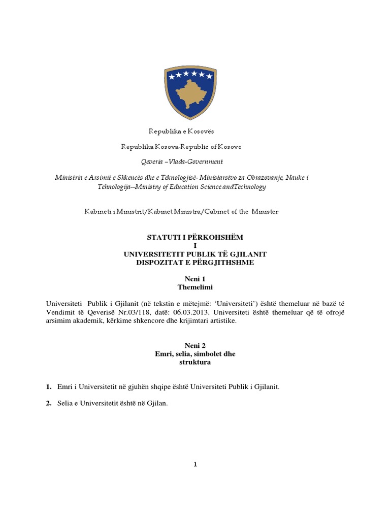 Statuti I Përkoheshëm I Universitetit Publik Të Gjilanit 1104711 | PDF