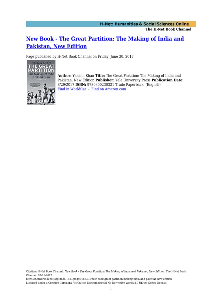 H-Net - New Book - The Great Partition - The Making of India and ...