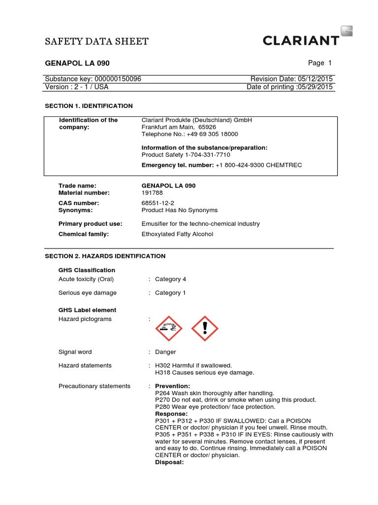 Genapol LA 090 MSDS | PDF | Toxicity | Personal Protective Equipment