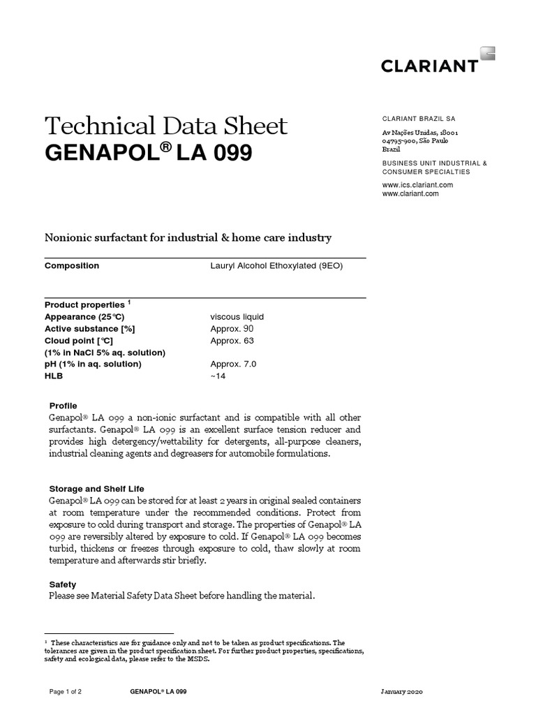 TDS Genapol LA 099 English | PDF | Surfactant | Chemistry
