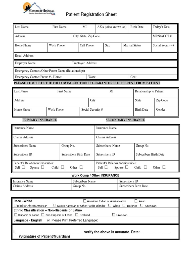 Patient Registration Sheet | PDF | White Americans | Race And Ethnicity ...