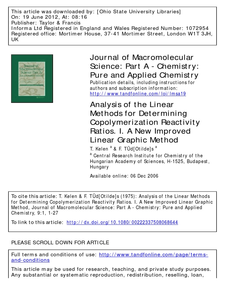 T Kelen, F Tudos J Macromol Sci Chem A9 (1), 1, 1975 | PDF | Copolymer | Chemical Substances