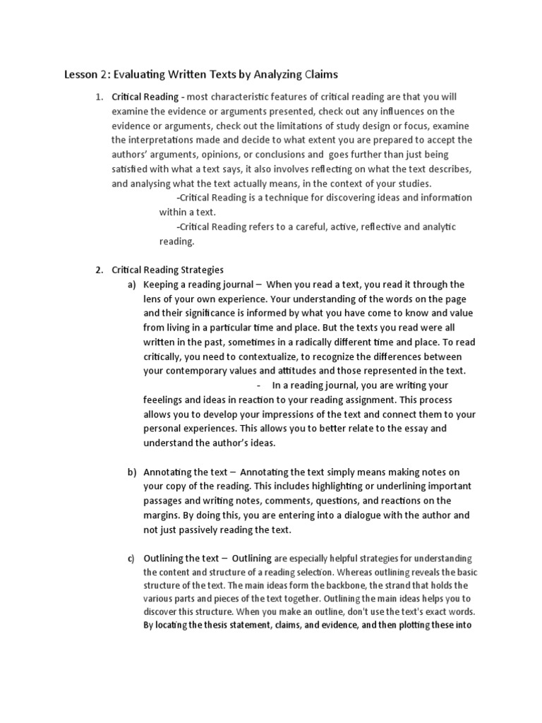 Lesson 2: Evaluating Written Texts by Analyzing Claims | PDF | Argument ...