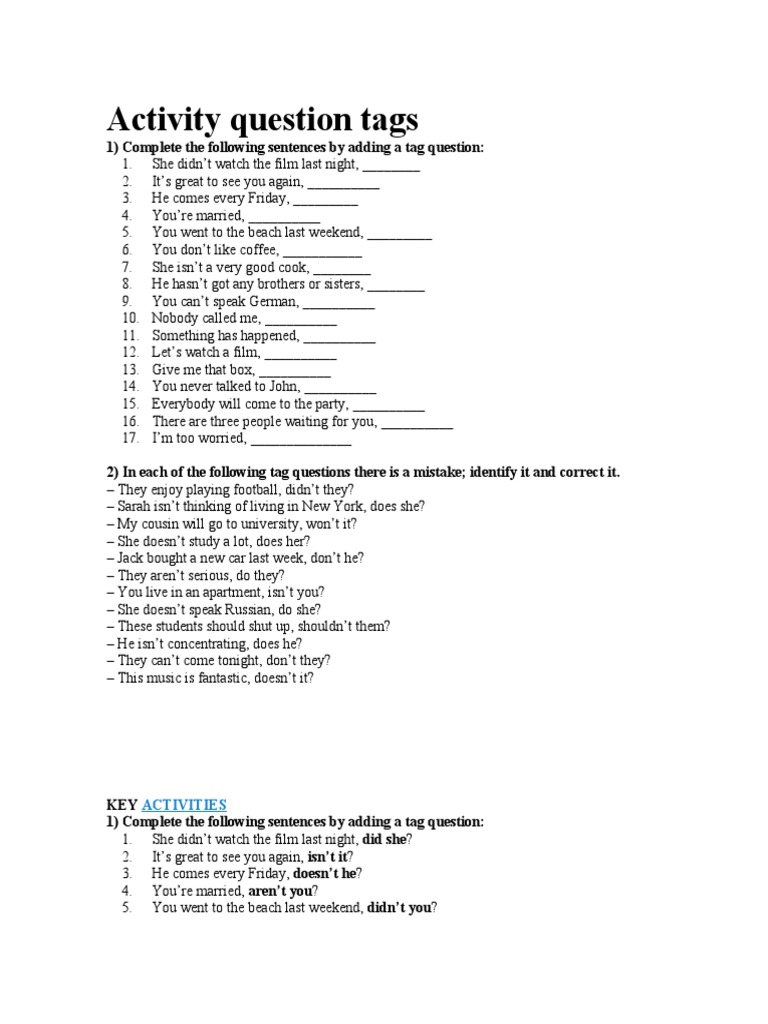 Adding Tag Questions: A Guide to Completing Sentences and Identifying ...