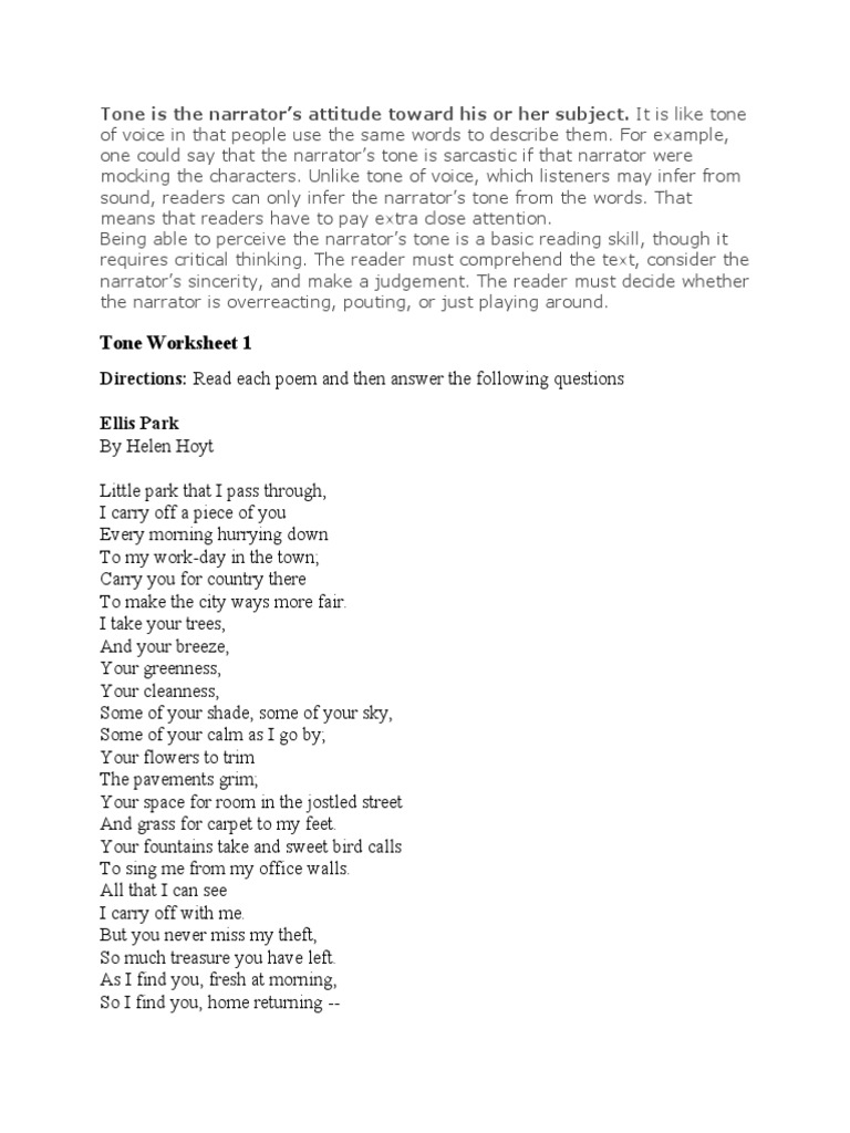 Tone Worksheet 1: Directions: Read Each Poem and Then Answer The ...