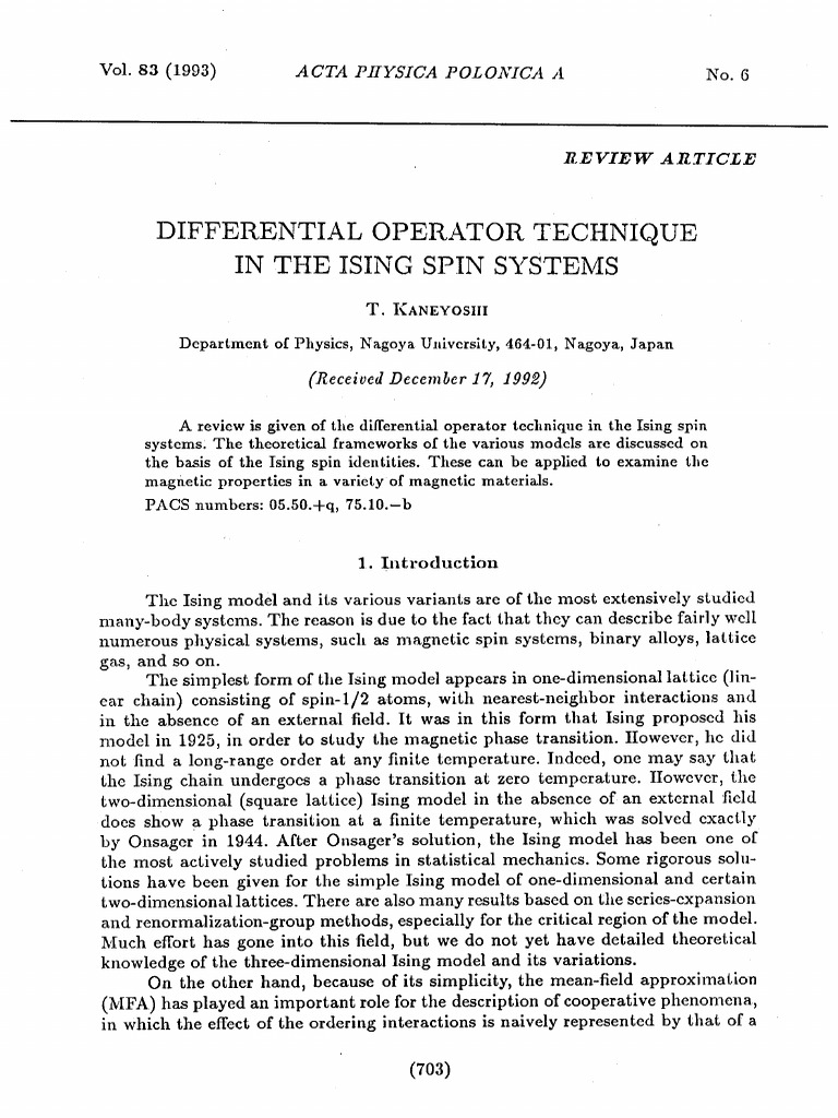 Differential Operator Technique in The Ising Spin Systems: Review ...