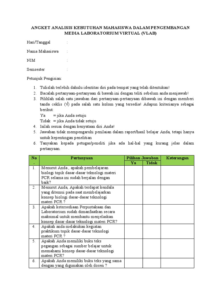 Angket Analisis Kebutuhan Mahasiswa Dalam Pengembangan Media Laboratorium Virtual | PDF | Karier ...