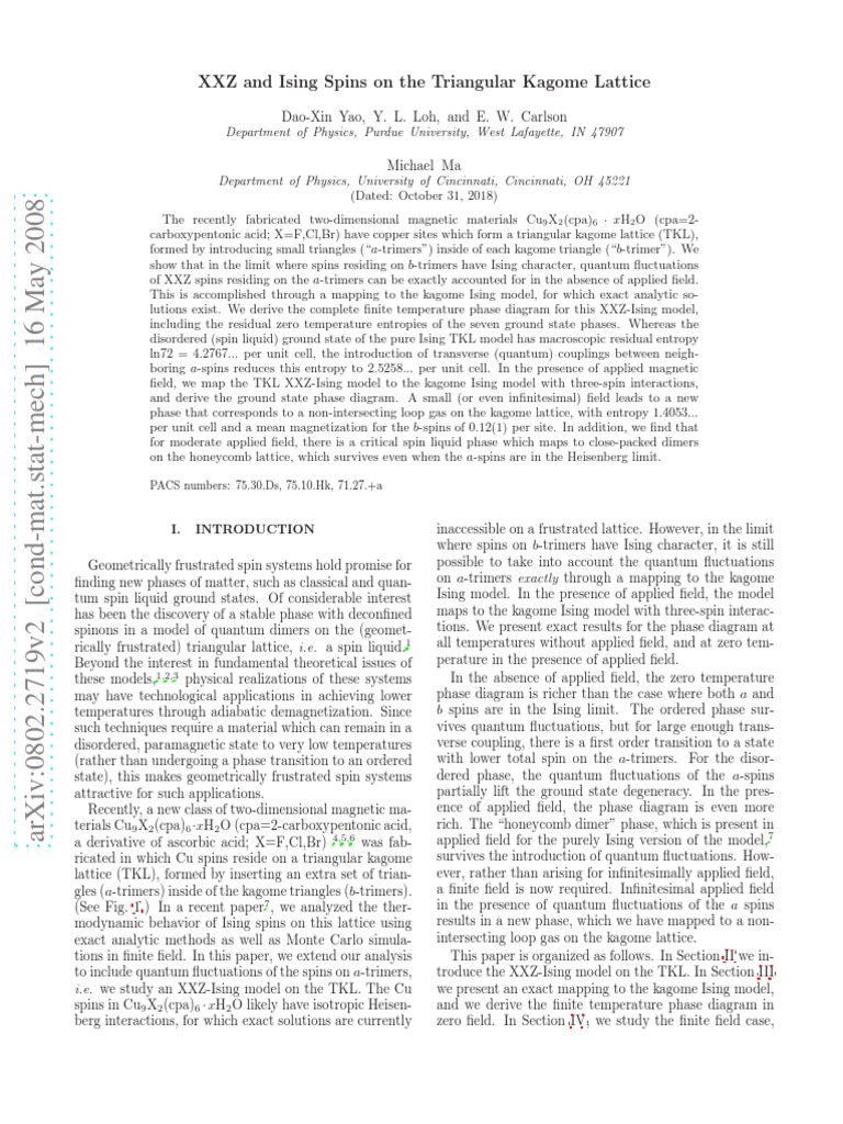 XXZ and Ising Spins On The Triangular Kagome Lattice | PDF | Modern ...