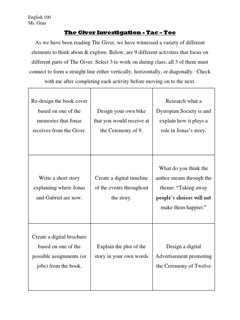 304 The Giver Choice Board | PDF | The Giver | Cognition