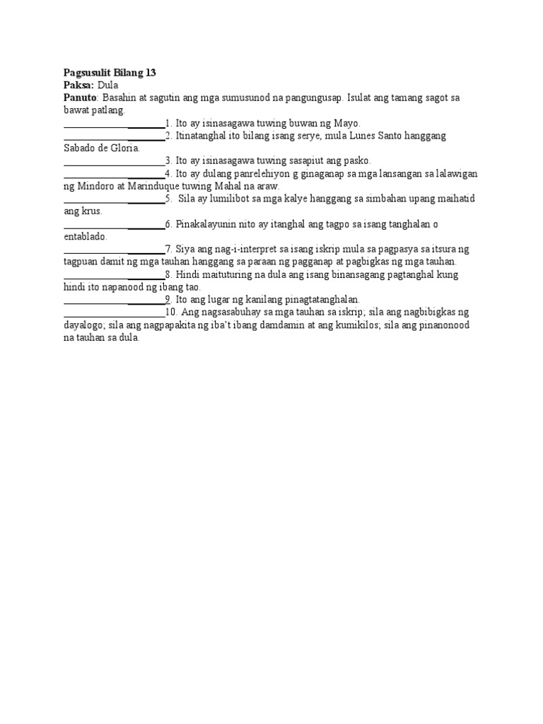 1st Quarter Filipino 7 Pagsusulit Bilang 13 - Dula | PDF