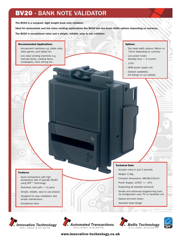 Bv20 - Bank Note Validator: WWW - Innovative-Technology - Co.uk | PDF ...