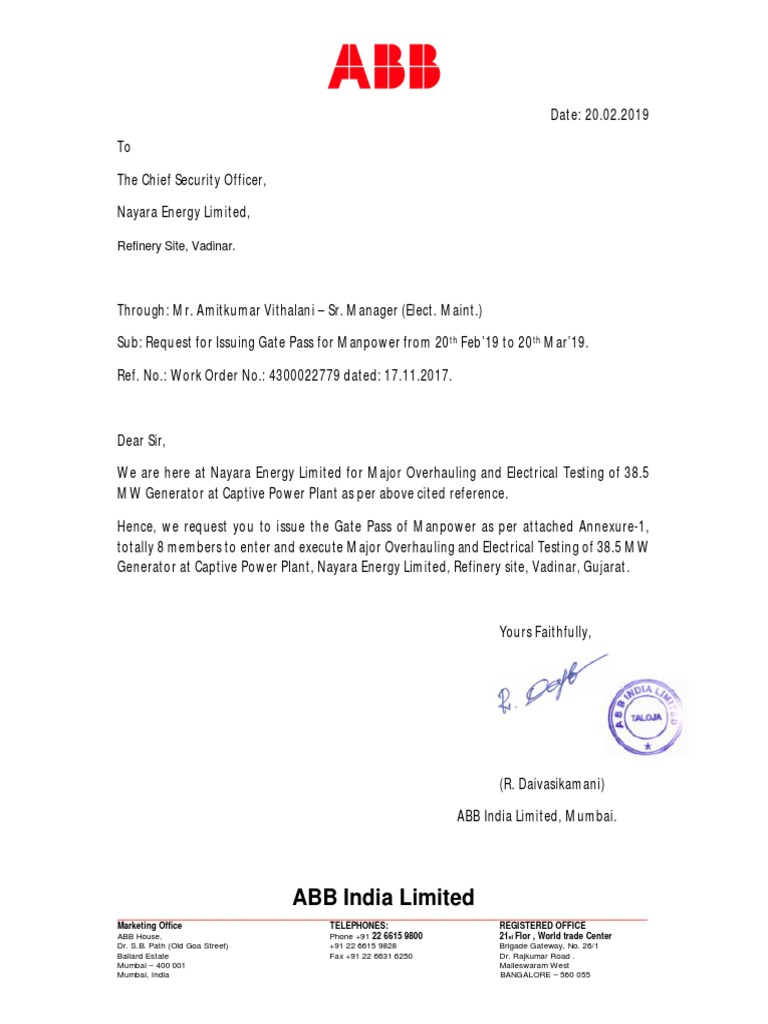 Gate Pass Request Letter - Nayara | PDF | Electric Power | Power (Physics)