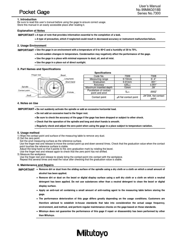 Pocket Gage: User's Manual No.99MAG018B Series No.7300 | PDF | Nature