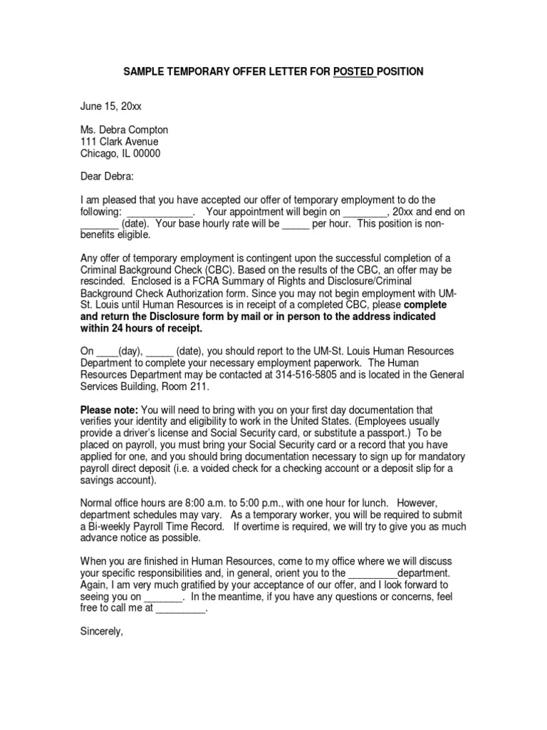 Sample Temporary Offer Letter For Posted Position | PDF
