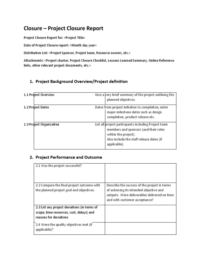 Closure - Project Closure Report: 1. Project Background Overview ...