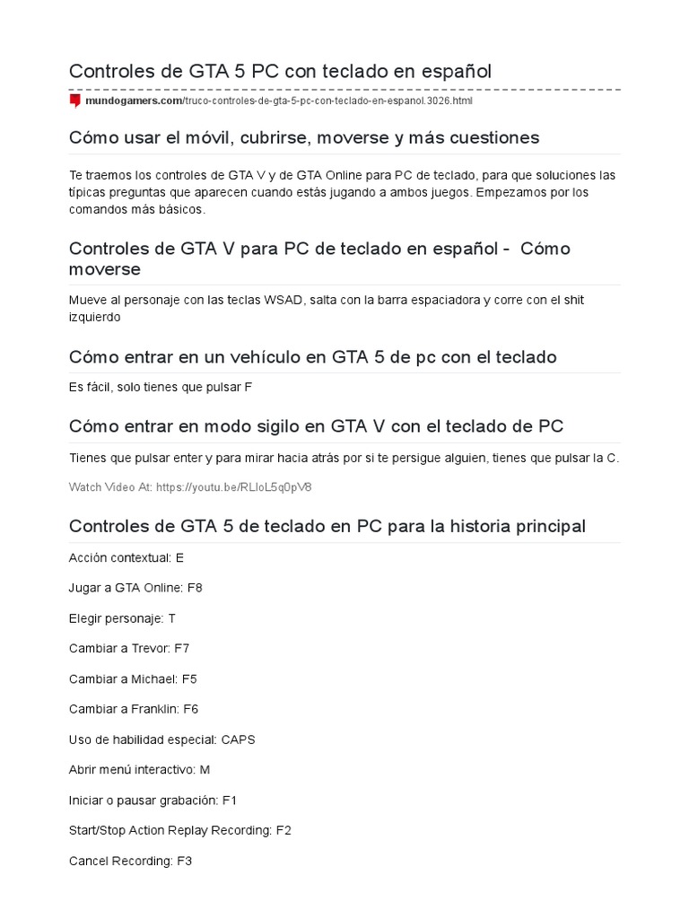 1 - Controles de GTA 5 PC Con Teclado en Español PDF | PDF | Teclado | Ocio