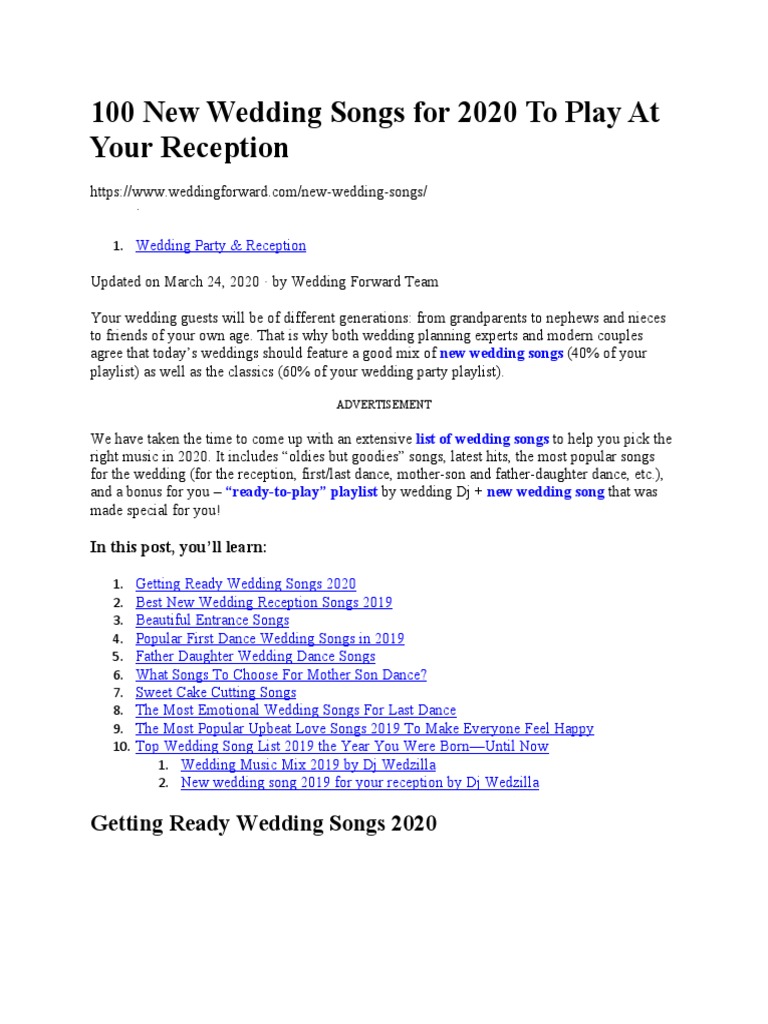 100 New Wedding Songs For 2020 To Play at Your Reception | PDF ...