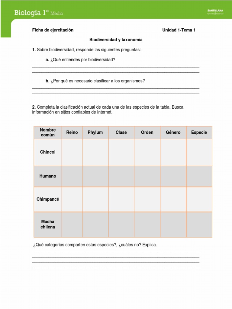 Taxonomia Ficha de Ejercicio | PDF | Taxonomía (biología) | Especies